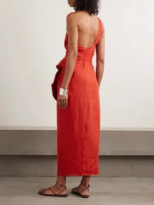Johanna Ortiz Salsero One-shoulder Knotted Ruffled Draped Linen Midi Dress - Red