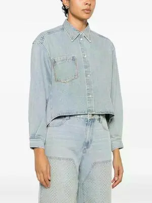 Sandro Rhinestone Embellished Cropped Denim Shirt - Blue