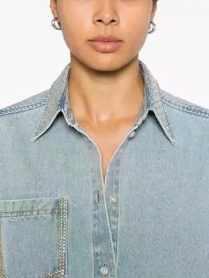 Sandro Rhinestone Embellished Cropped Denim Shirt - Blue