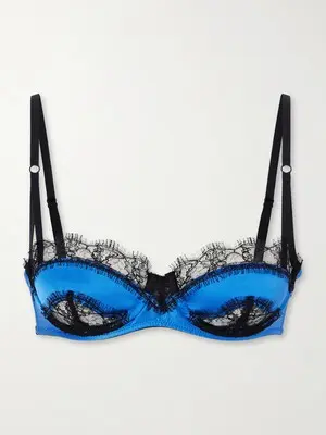 Kiki De Montparnasse Lace-trimmed Silk-satin Balconette Bra - Blue