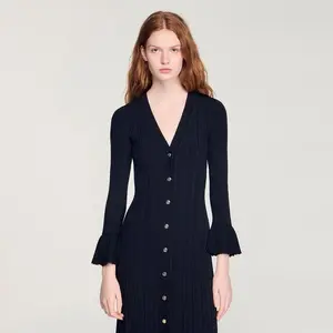 Sandro Knit Maxi Dress With Ruffle - Black