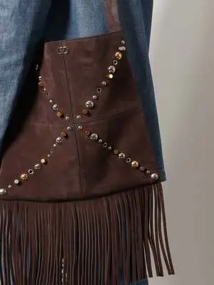 Valentino Garavani Suede Shoulder Bag With Fringe And Stud Details - Brown