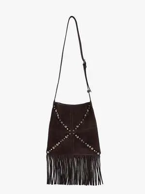 Valentino Garavani Suede Shoulder Bag With Fringe And Stud Details - Brown