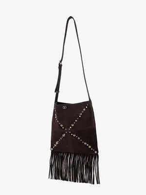 Valentino Garavani Suede Shoulder Bag With Fringe And Stud Details - Brown