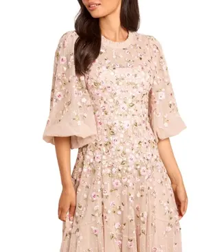 NEEDLE & THREAD Sylvia Round Neck Ankle Gown - Oyster/multi