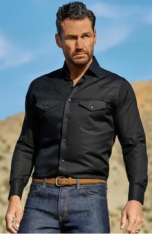 David Donahue Trim Fit Cotton Twill Button-up Western Shirt - Black