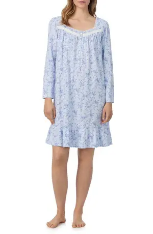 Eileen West Lace Trim Cotton Nightgown - Blue/print