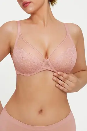 POPILUSH Lightweight Underwire Minimizer Lace Mesh Bra - Blush