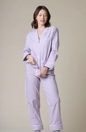 KIP Heart Embroidered Cotton Long Pajama Set - Lavender