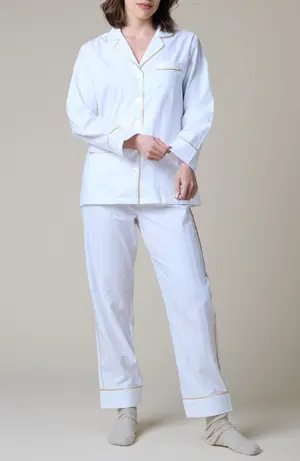 KIP Heart Embroidered Cotton Long Pajama Set - Lily White