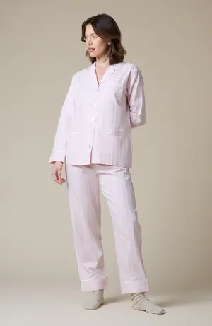 KIP Heart Embroidered Cotton Long Pajama Set - Pink Peony