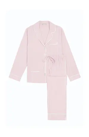 KIP Heart Embroidered Cotton Long Pajama Set - Pink Peony