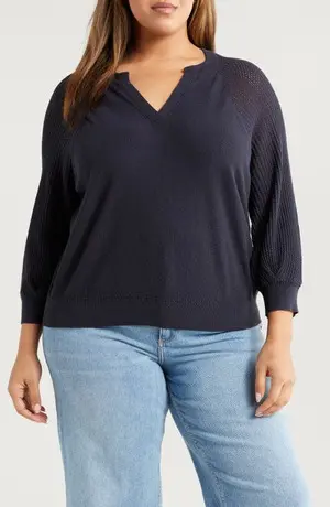 Wit & Wisdom Wit & Wisdom Mixed Stitch Split Neck Sweater Navy