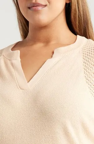 Wit & Wisdom Mixed Stitch Split Neck Sweater - Peach Fuzz
