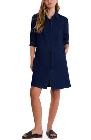 WASH LAB DENIM Puff Sleeve Shirt Dress - Navy Blue