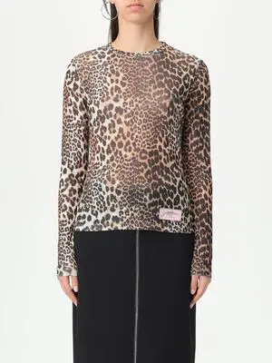 GANNI Long Sleeve Leopard Print Mesh Top - Brown