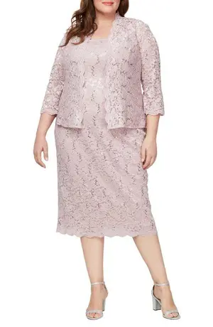 SL FASHIONS Floral Lace Sequin Cardigan & Dress Set - Blush