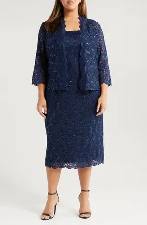 SL FASHIONS Floral Lace Sequin Cardigan & Dress Set - Navy