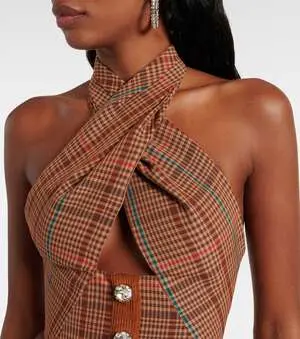 AREA Checked Halterneck Wool-blend Top
