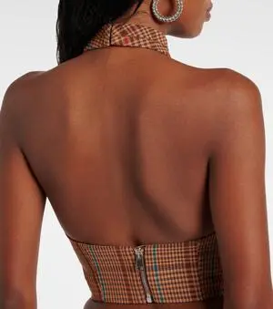 AREA Checked Halterneck Wool-blend Top