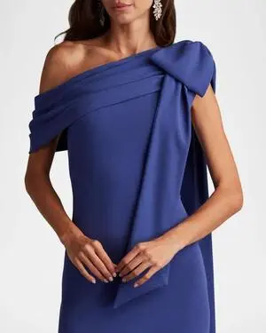 Tadashi Shoji Cassia Colorblock Bow-shoulder Crepe Gown - Violet