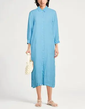 120% Lino Linen Midi Shirt Dress - Blue