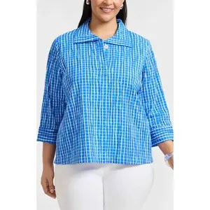 Foxcroft Sammy Crinkled Cotton-blend Top - Mineral Blue/ White