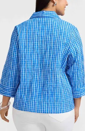Foxcroft Sammy Crinkled Cotton-blend Top - Mineral Blue/ White