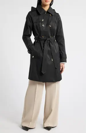 London Fog Missy Hooded Belted Trench Coat - Black