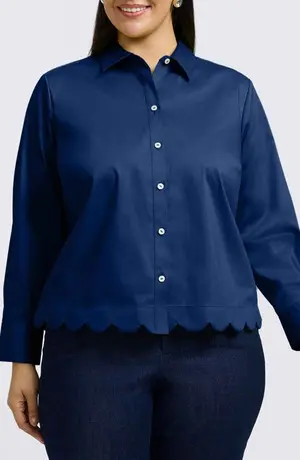 Foxcroft Scarlett Scallop Hem Button-up Shirt - Navy