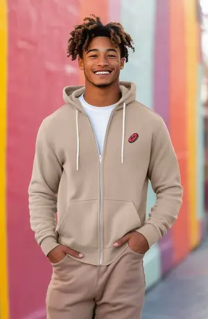 DALIX Donut Embroidered Full Zip Hoodie - Tan