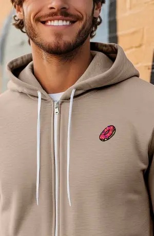 DALIX Donut Embroidered Full Zip Hoodie - Tan