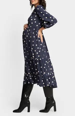 Seraphine Polka Dot Maternity Midi Dress - Blue | Editorialist
