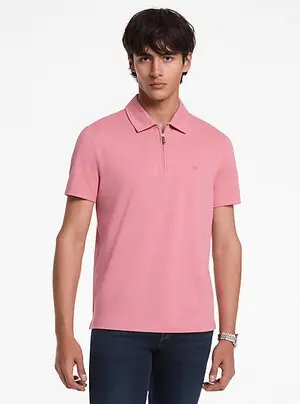 Michael Kors Cotton Blend Piqué Zip-up Polo Shirt In - Size S By Pink