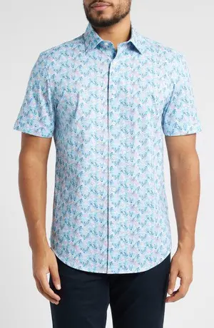 Bugatchi Miles Ooohcotton® Solid Short Sleeve Button-up Shirt - Turquoise