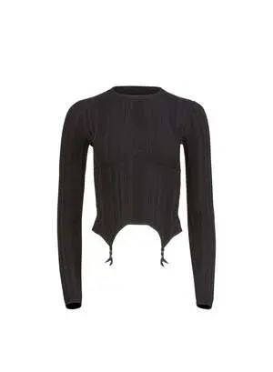 FLEUR DU MAL Rib Long Sleeve Garter Top - Black