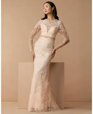 Mac Duggal Embroidered Illusion Long Sleeve Trumpet Gown
