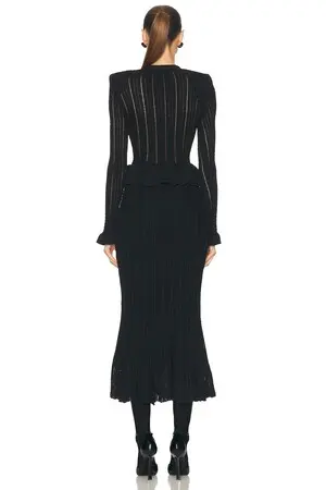self portrait black knit peplum midi dress Self-Portrait Crystal-Embellished Pointelle-Knit Peplum Midi Dress in Black