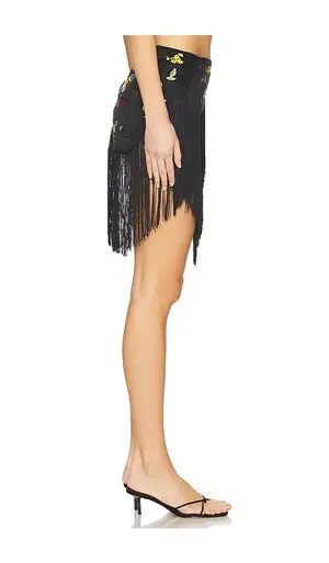 NIIHAI Embroidered Floral Fringe Skirt - Black