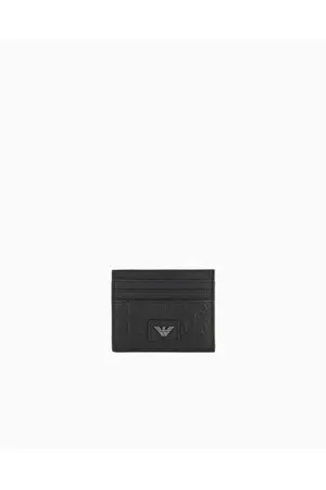 Emporio Armani Leather Card Holder With All-over Embossed Eagle - Black