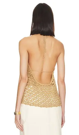 MORE TO COME Alice Tie Front Crochet Halter Top - Beige