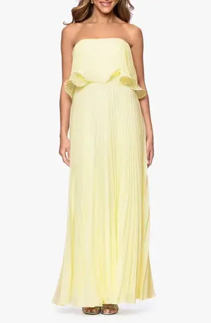 Betsy & Adam Pleated Strapless Chiffon Gown - Butter