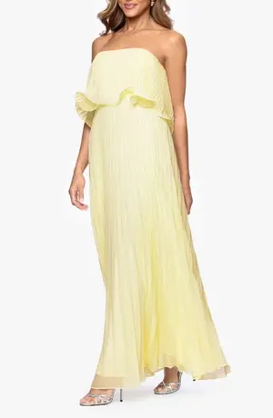 Betsy & Adam Pleated Strapless Chiffon Gown - Butter