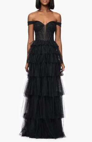 BLONDIE NITES Tiered Ruffle Corset Gown - Black