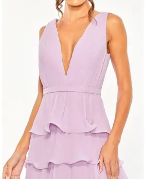 Mac Duggal Deep V Chiffon Ruffle Midi Dress