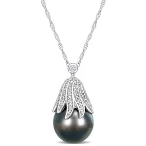 JULIANNA B. 14k Gold Cultured Tahitian Pearl And Diamond Floral Pendant Necklace - Tahitian Pearl/white Gold