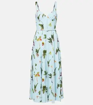 Oscar De La Renta Floral Print Belted Cady Midi Dress - Blue