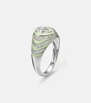 KAMYEN Striped Pear Diamond And Enamel Ring In 18kt White Gold