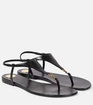 Saint Laurent Cassandra Leather Thong Sandals - Black
