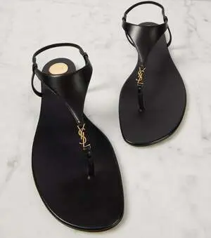 Saint Laurent Cassandra Leather Thong Sandals - Black